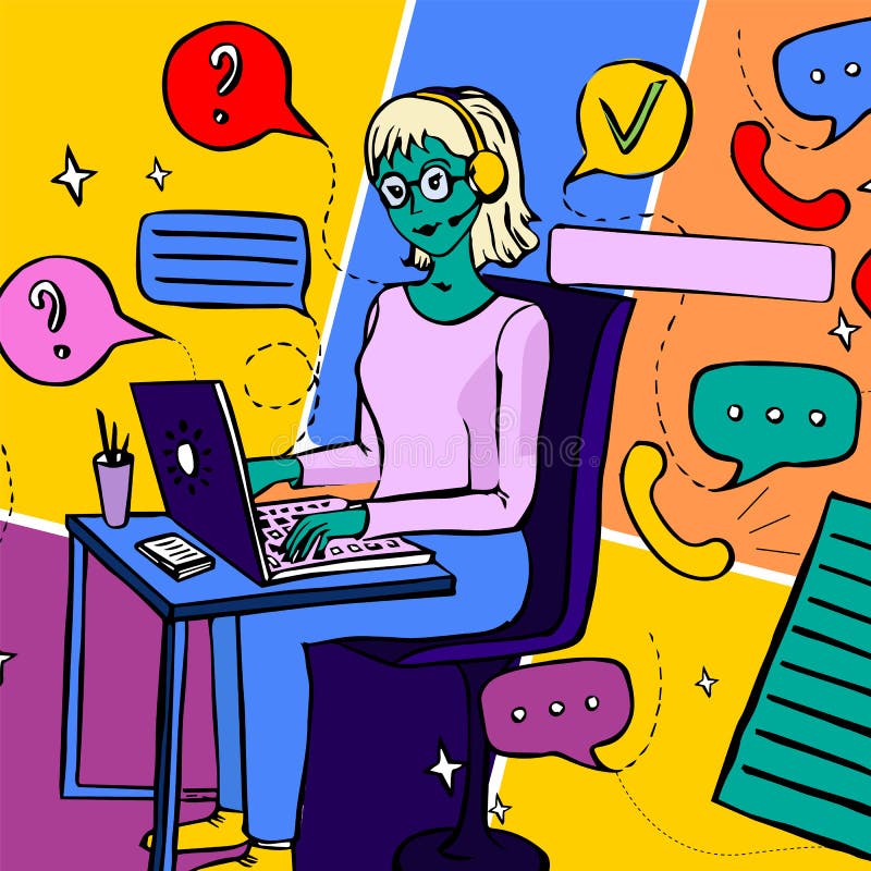 Business Illustration. Call Center Operator. Girl at Work at the ...