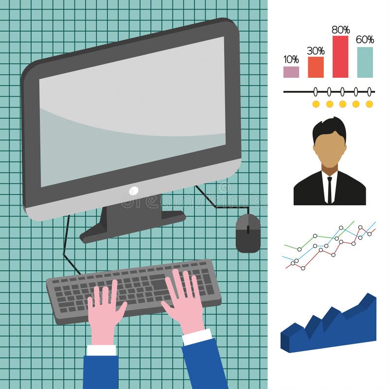 Business Infographic with Computer, Person, Charts and Badge, Flat ...