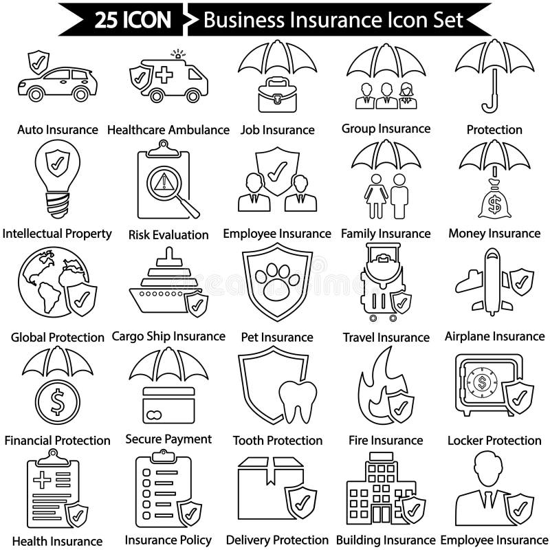Business Insurance Icon Set in Line Style Stock Vector - Illustration ...