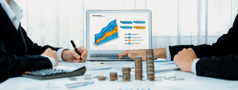 Business Intelligence Analyst Use BI Software on Laptop with Stack Coin ...