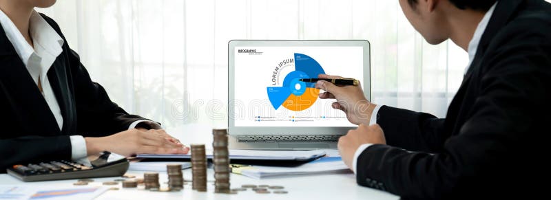 Business Intelligence Analyst Use BI Software on Laptop with Stack Coin ...