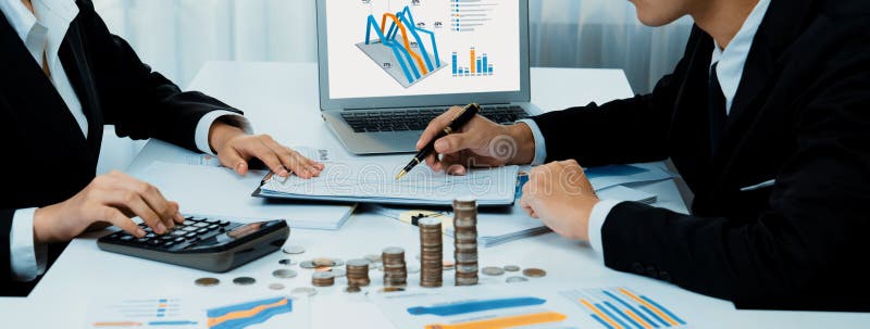 Business Intelligence Analyst Use BI Software on Laptop with Stack Coin ...