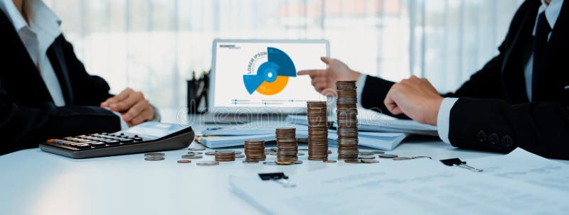 Business Intelligence Analyst Use BI Software on Laptop with Stack Coin ...