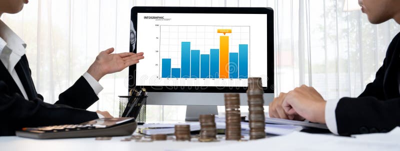 Business Intelligence Analyst Use BI Software on Laptop with Stack Coin ...