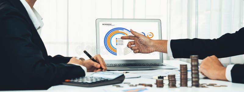 Business Intelligence Analyst Use BI Software on Laptop with Stack Coin ...