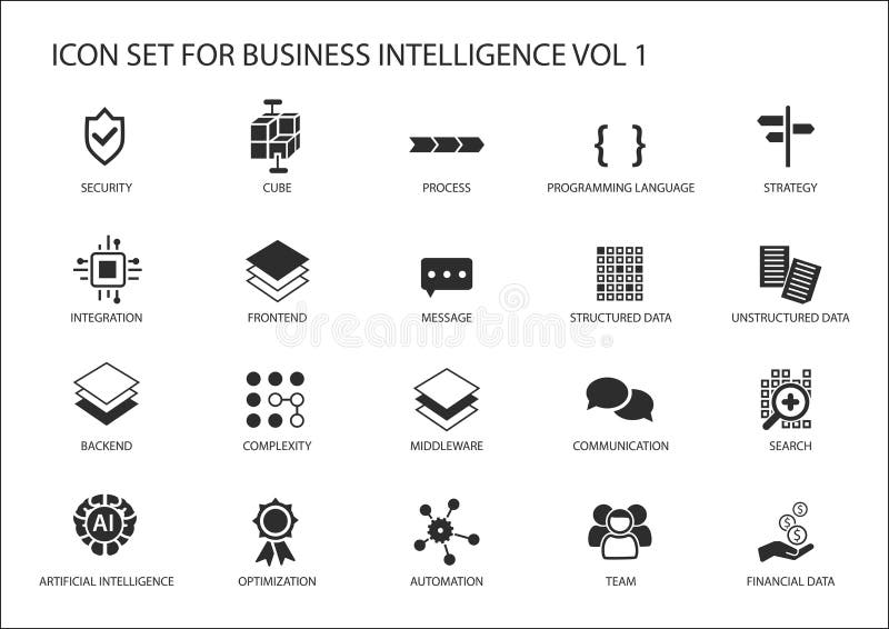 Business Intelligence BI Icon Set Stock Vector - Illustration of cube ...