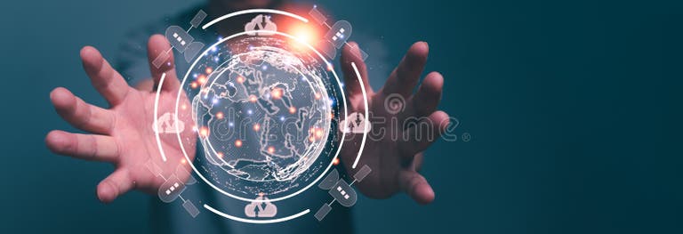 Business Intelligence Communication, Clouds and Satellite Orbit Network, Digital Link Connection ...