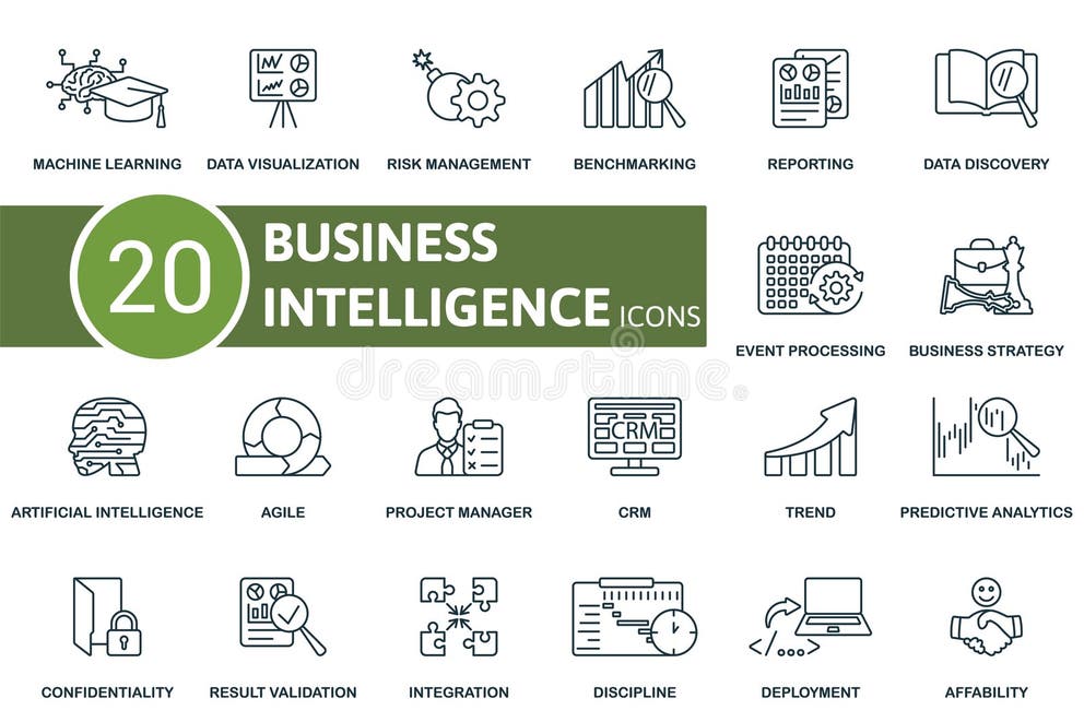 Business Intelligence Thin Line Icon Set. Machine Learning, Data ...