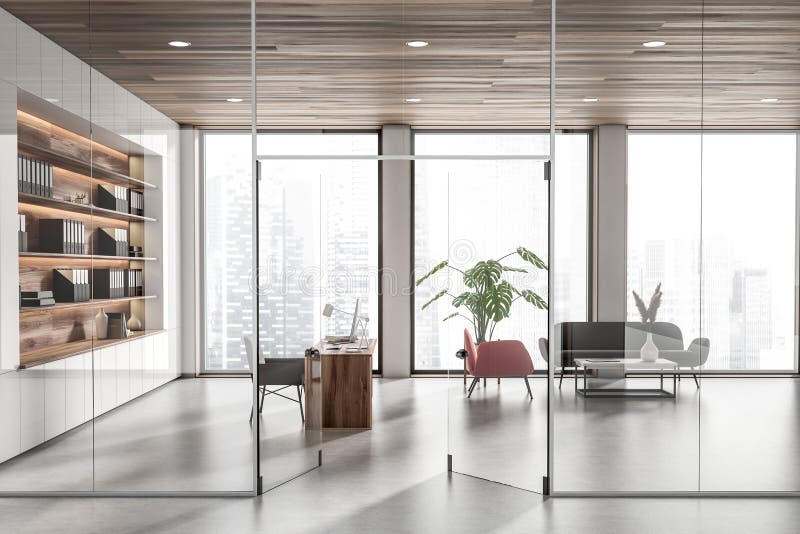 Business Interior with Table and Pc Computer, Lounge Zone and Panoramic ...