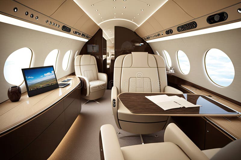 Business Jet Cabin, with Plush Leather Seats and Sleek Interior Design ...