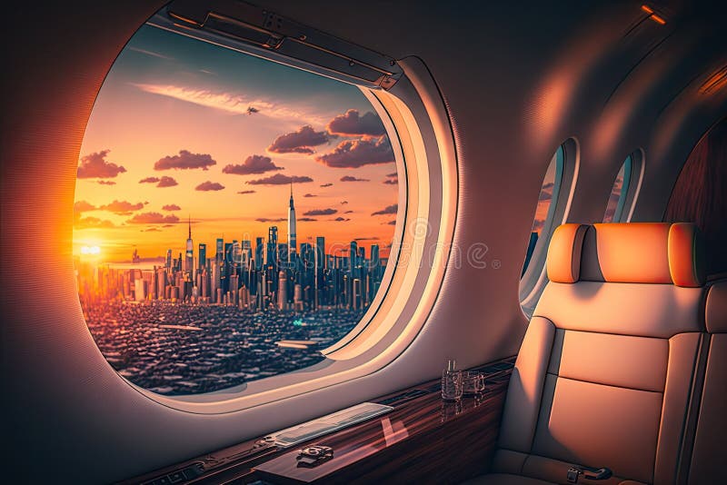 Business Jet, with View of City Skyline and Sunset, in Dramatic ...