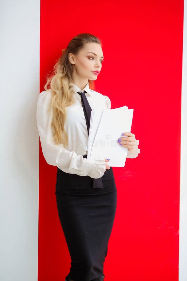 Business Lady with Documents in Hands Preparing for Presentation. Stock ...