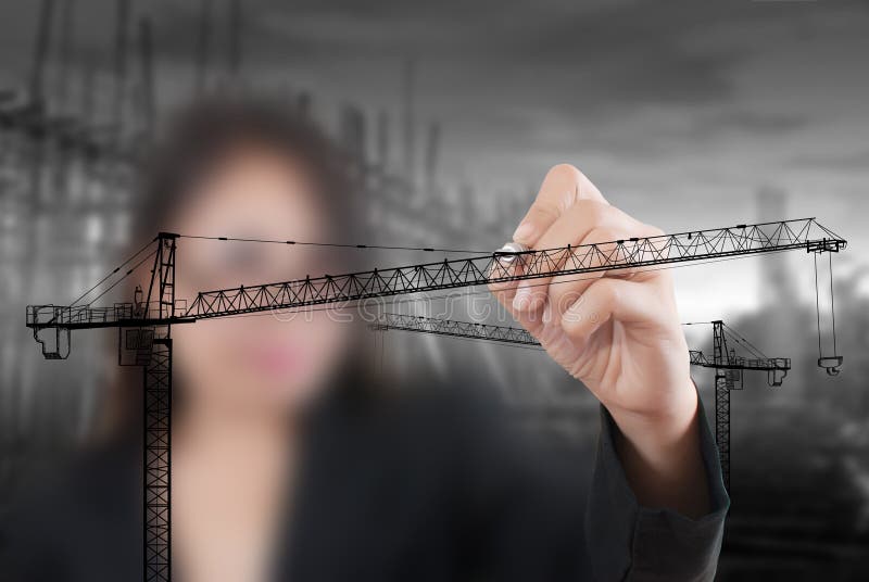 Business Lady Drawing Crane Line for Construction Stock Image - Image ...