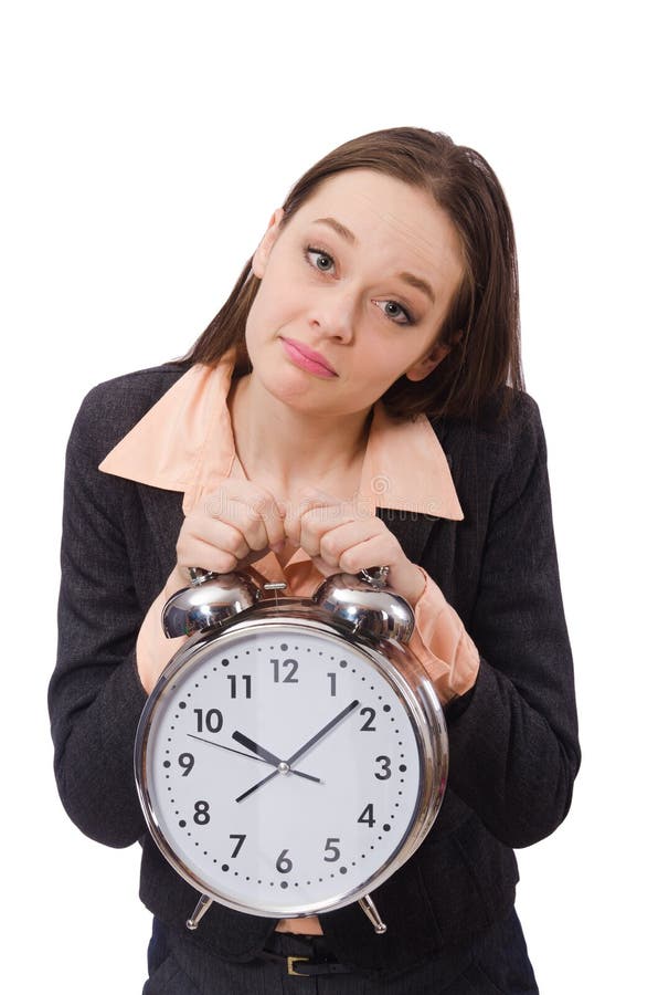 Business Lady Holding Alarm Clock Isolated on the Stock Photo - Image ...