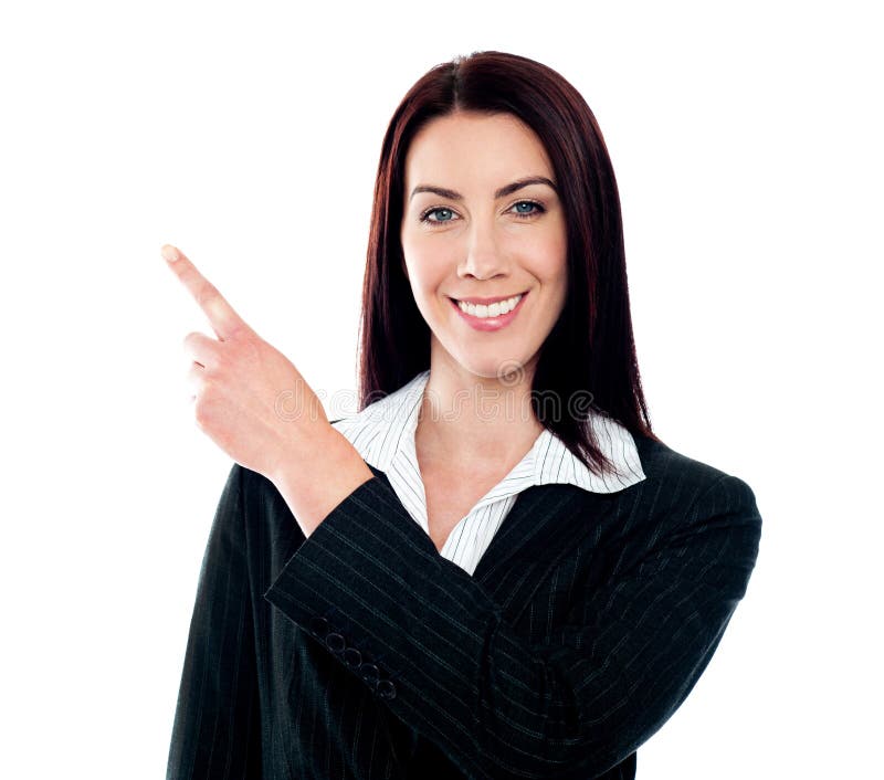 Lady Pointing Something on Computer Screen Stock Image - Image of ...