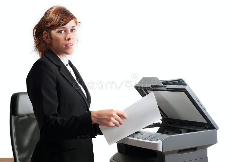 Sad Unhappy Woman in Office with Copier Printer Stock Photo - Image of ...