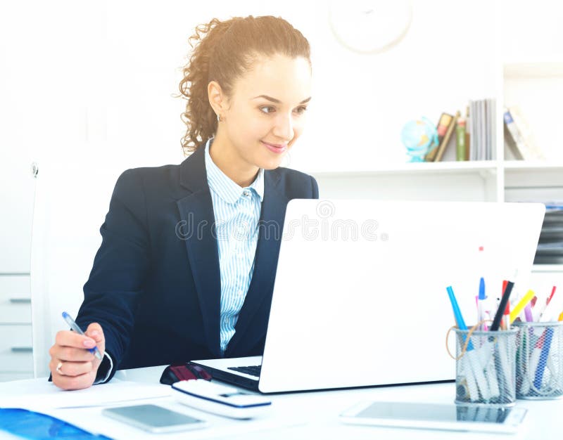 Business Lady Sitting at Office Desk with Laptop Stock Photo - Image of ...