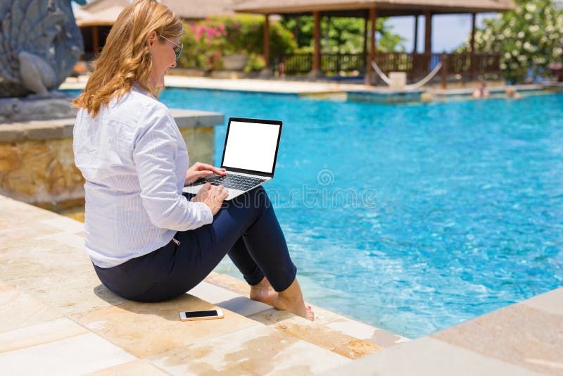 Business Lady Working on Computer by the Pool Stock Image - Image of ...