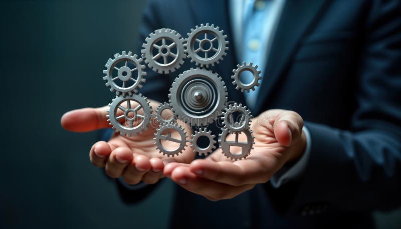 Business Leader Controls Interconnected Gears Business Processes. Hands ...