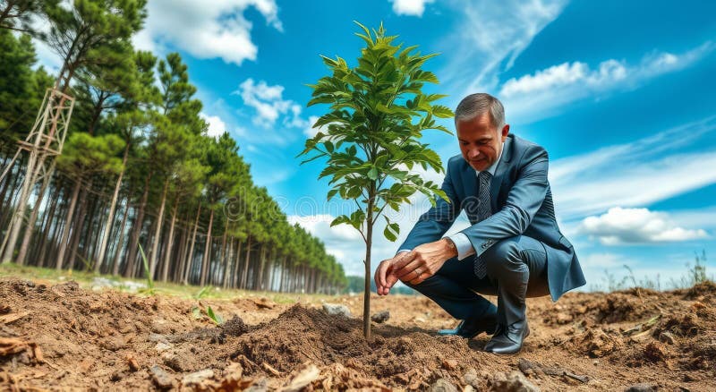 Business Leader Planting a Tree in Deforested Area Showing Commitment ...