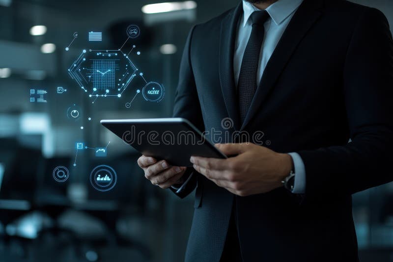 Business Leader Engaging with Modern Technology in Office Using Tablet ...