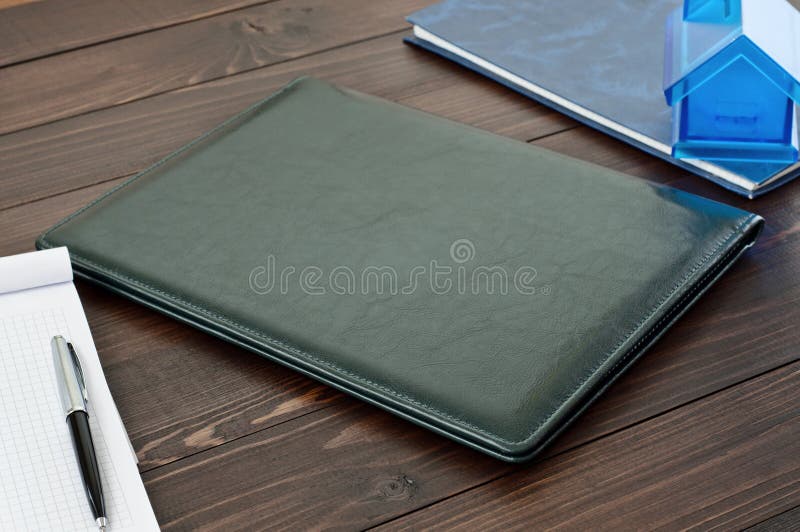 Business Leather Folder on the Office Desk Close Up Stock Image - Image ...
