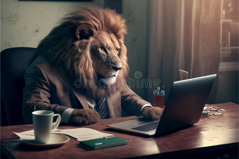 Business Lion in Glasses Uses a Laptop. AI Generated. Stock Photo ...