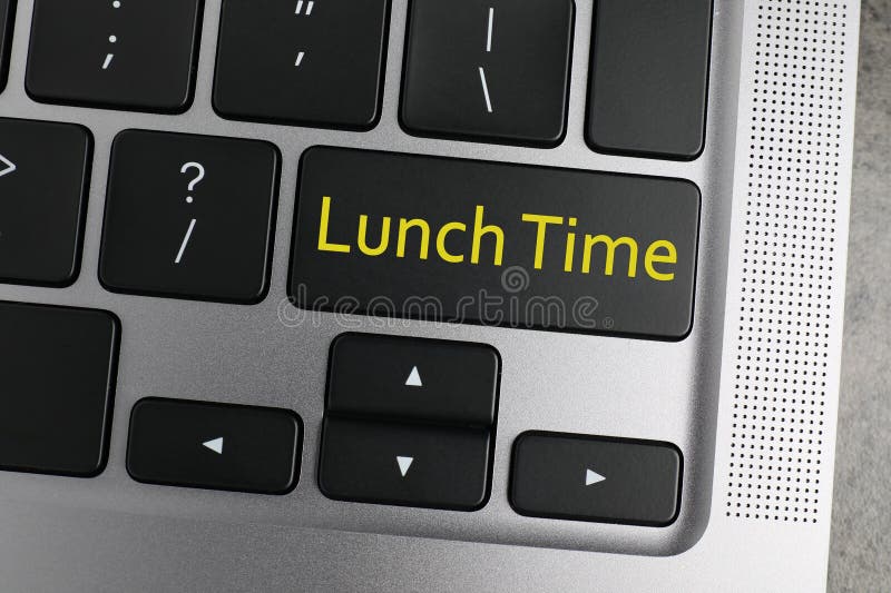 Business Lunch Concept. Laptop with Lunch Time Button, Top View Stock ...