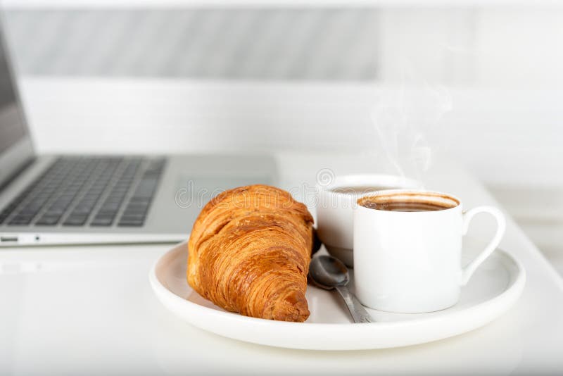 Business Lunch with Croissant, Jam and Laptop on a White Table Stock ...