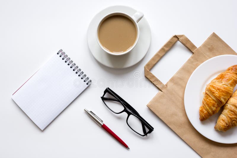 Business Lunch with Croissant on White Table Top View Stock Photo ...
