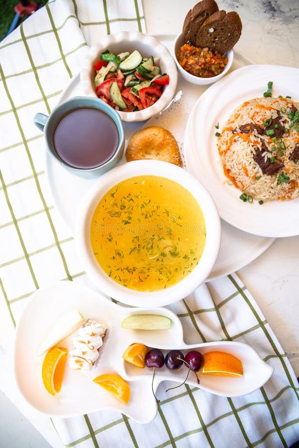 Business Lunch on the Table on a White Tablecloth. Top View Stock Photo ...