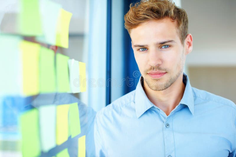 Business Man with Adhesive Notes Stuck To the Glass. Handsome Business ...