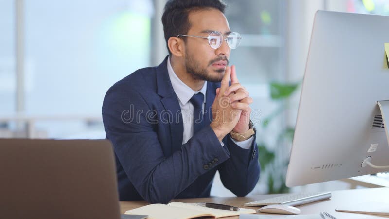 Business Man Analyzing a Project Strategy on a Computer Screen while ...