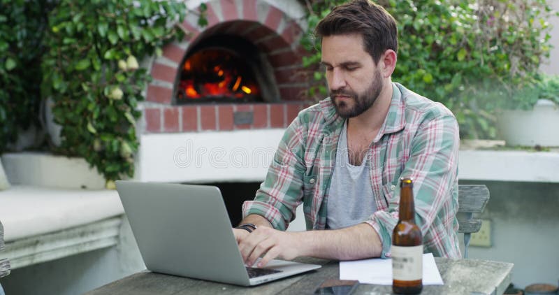 Business Man, Beer and Computer for Remote Work from Home in Garden ...