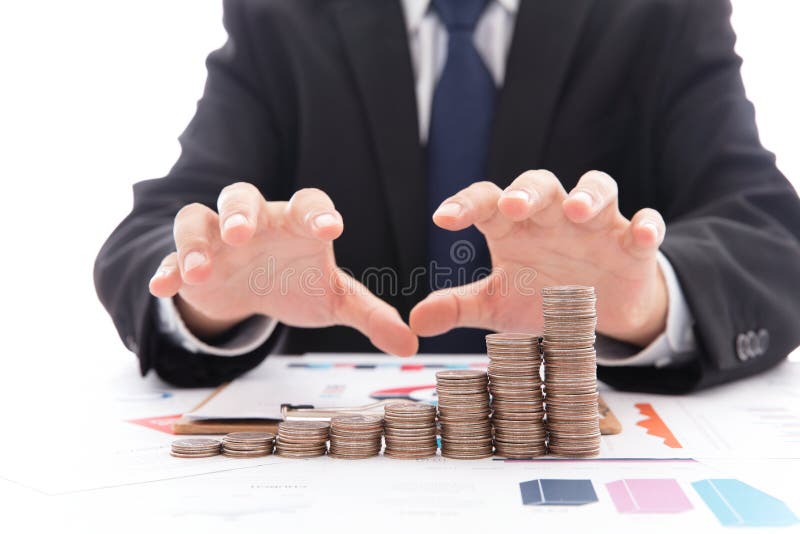 A Business Man in a Black Formal Suit Grabs a Row of Increasing Dollar ...