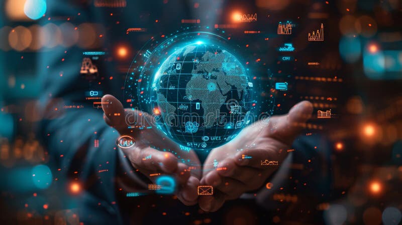 A Business Man Both Palm is Holding a Digital Globe Stock Illustration ...