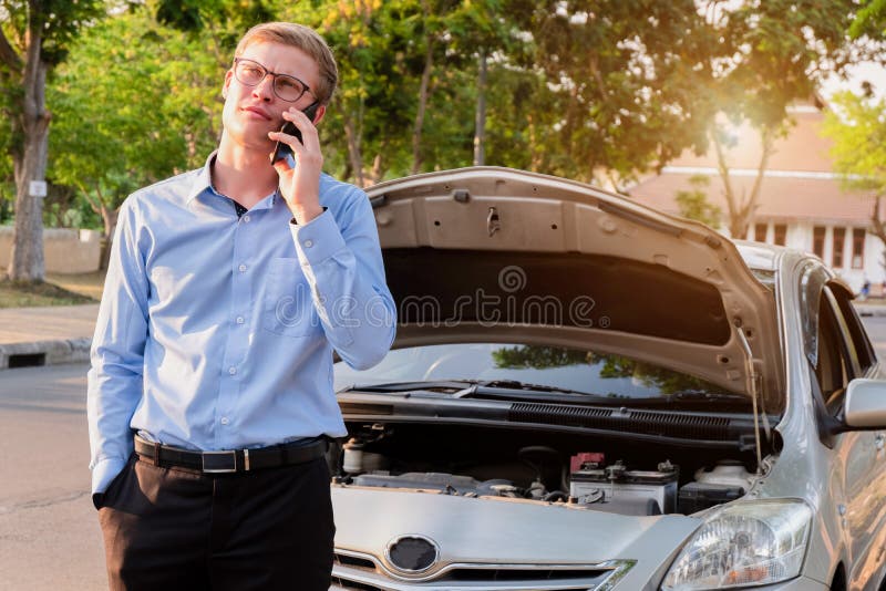 Business Man Calling Insurance Agent after Accident, Insurance C Stock ...