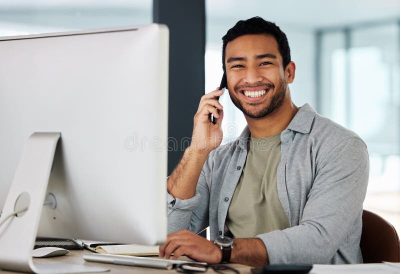Business Man, Computer and Phone Call for Networking, Communication and ...