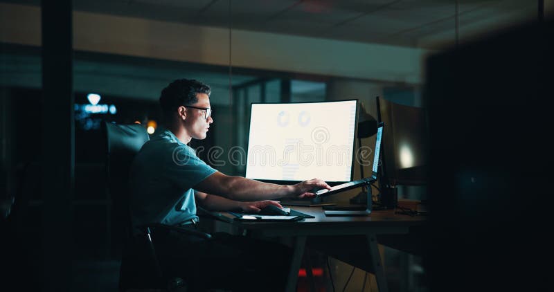 Business, Man and Computer Screen with Laptop in Office for Trading ...