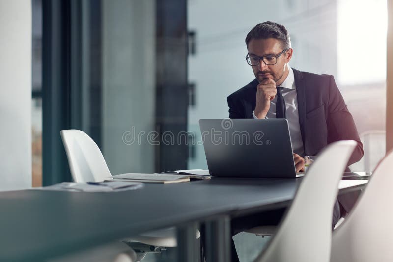 Business Man, Computer and Thinking, Ideas and Reading Online for ...
