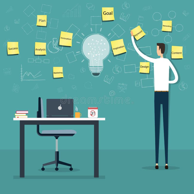 Business Man Creative Process and Planning Business on Wall Stock ...