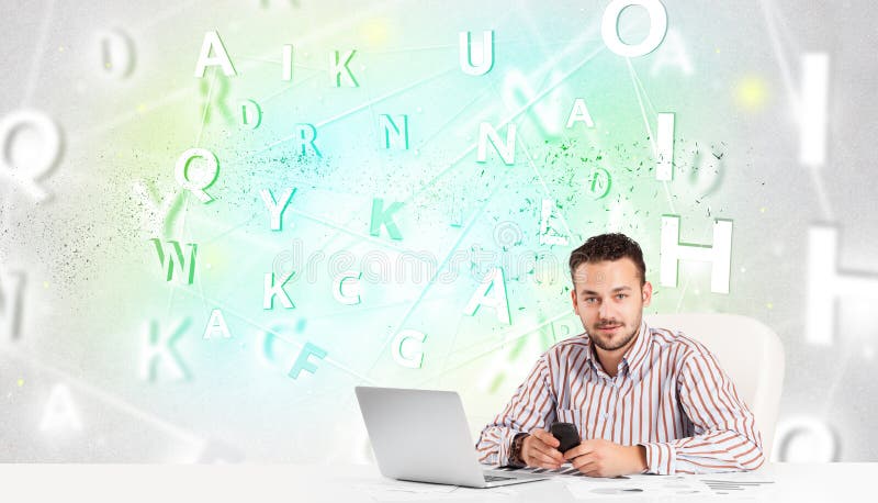 Business Man at Desk with Green Word Cloud Stock Image - Image of ...