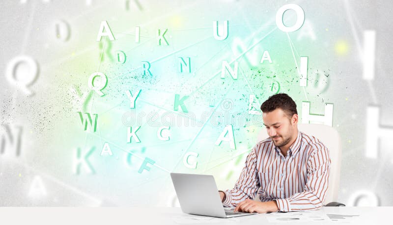 Business Man at Desk with Green Word Cloud Stock Image - Image of ...
