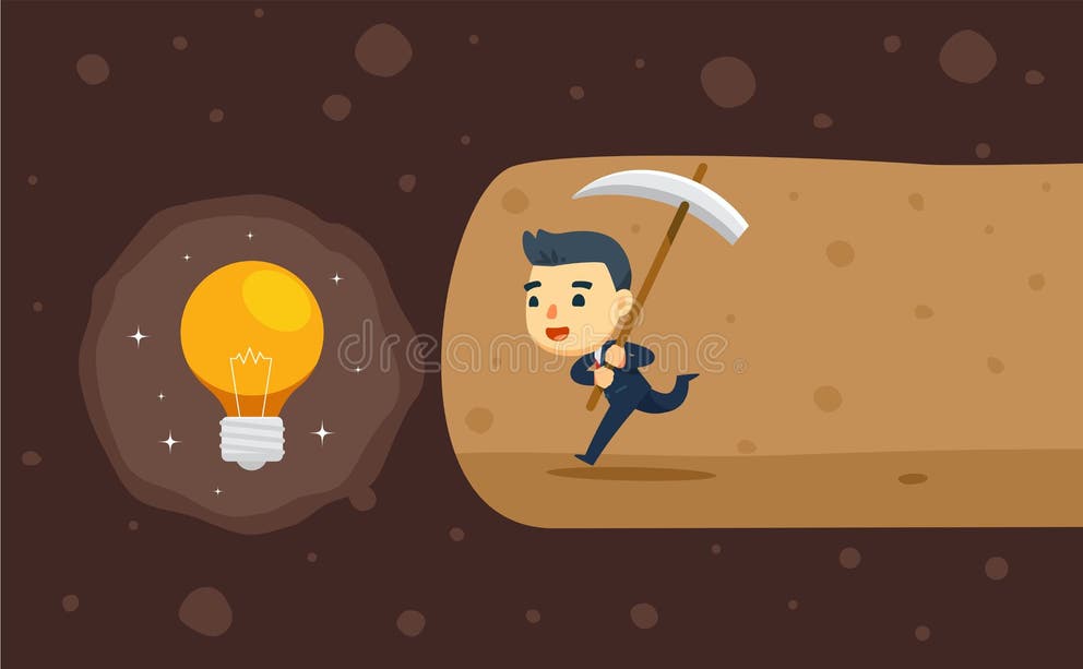 A Business Man is Digging a Cave for Idea Treasure. Vector Illustration ...