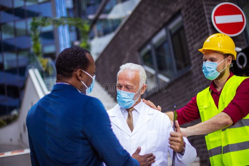 Business Man, Doctor and Engineer Talking on Street Stock Photo - Image ...