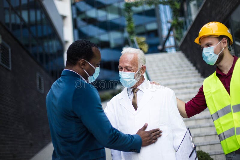 Business Man, Doctor and Engineer Talking on Street Stock Photo - Image ...