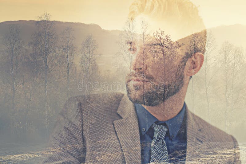 Business Man, Double Exposure and Trees for Thinking, Mindset or Vision ...