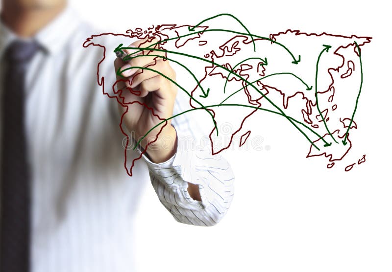 Man Drawing on a World Map on a Glass Wall Stock Photo - Image of ...