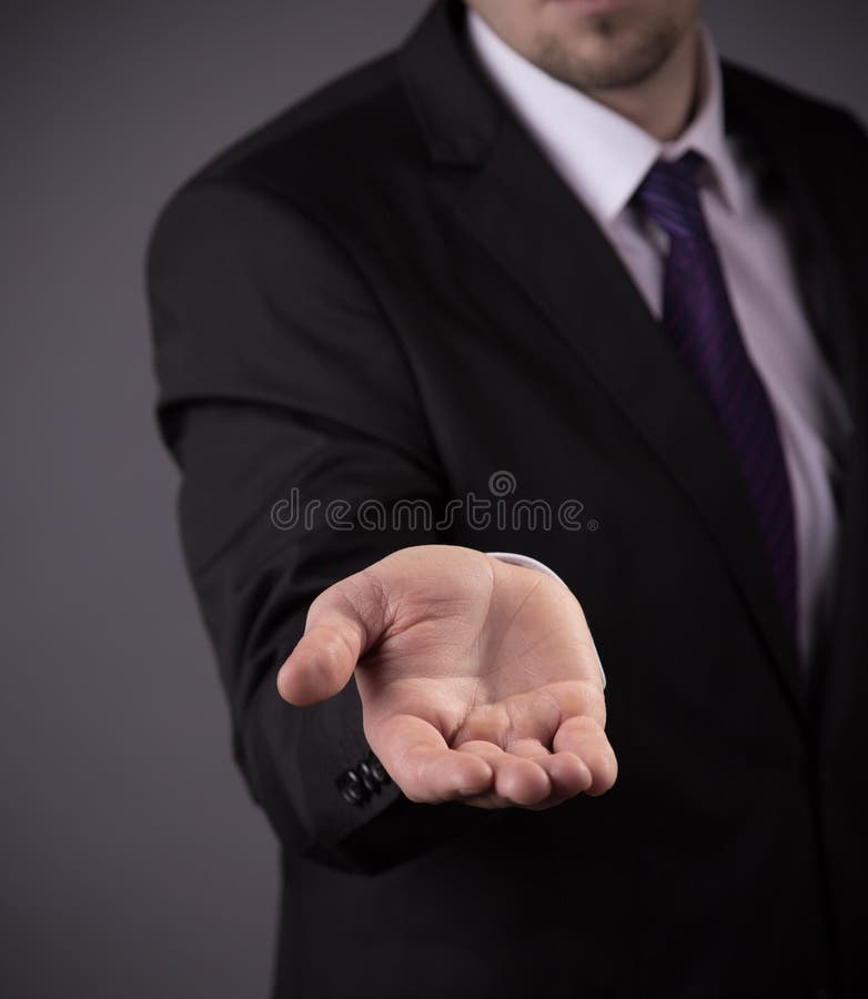 Business Man with Empty Hand on Dark Background Stock Image - Image of ...