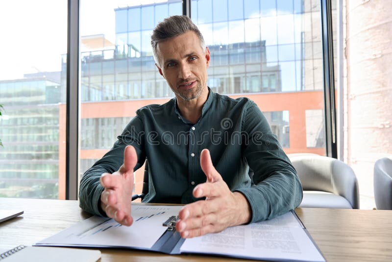 Business Man Executive Talking To Webcam on Video Call Virtual Training ...